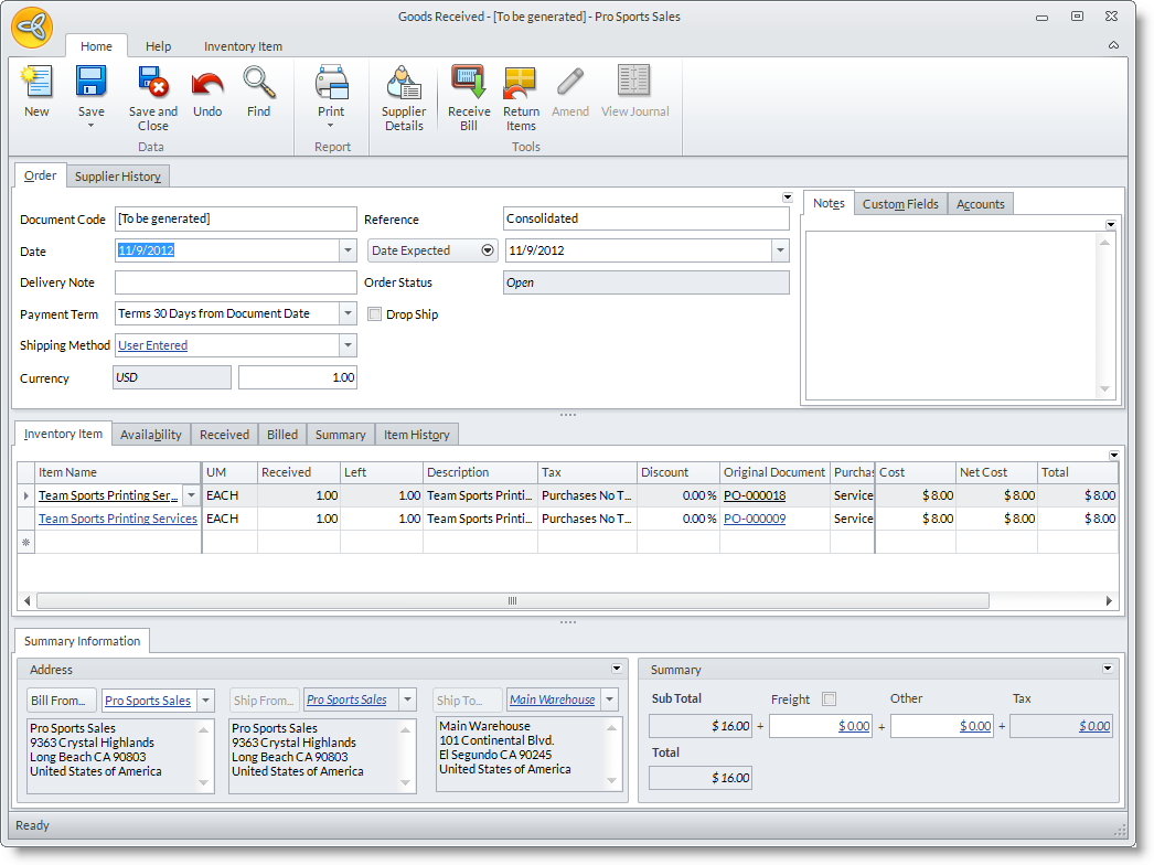 Connected Business Community - Record Goods Received